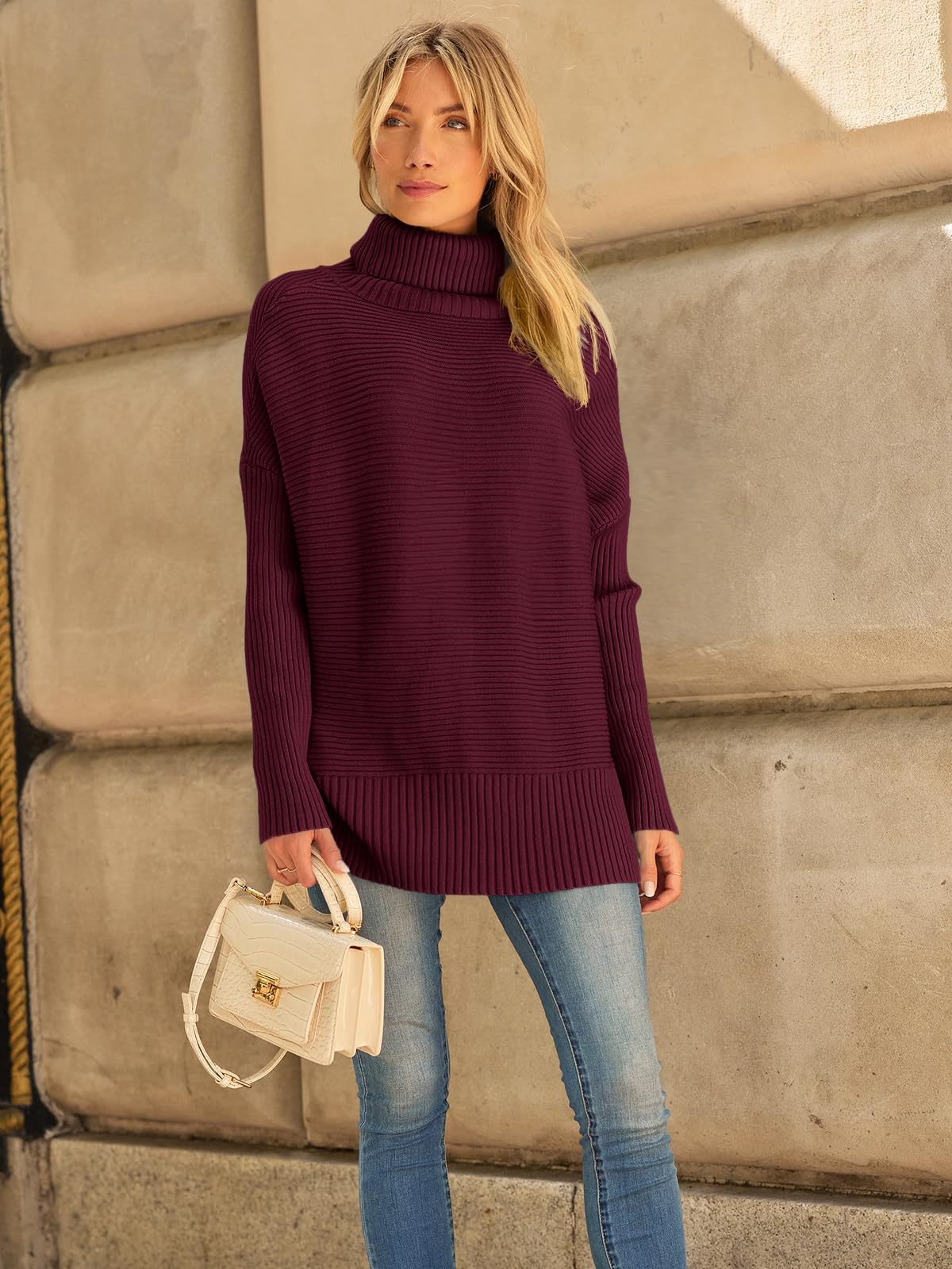 LILLUSORY Womens Turtleneck Oversized Tunic Fall Sweaters 2025 Casual Long Pullover Knit Winter Cute Poncho Fashion Trendy Clothes Outfits Clothing Tops Leggings Wine Red