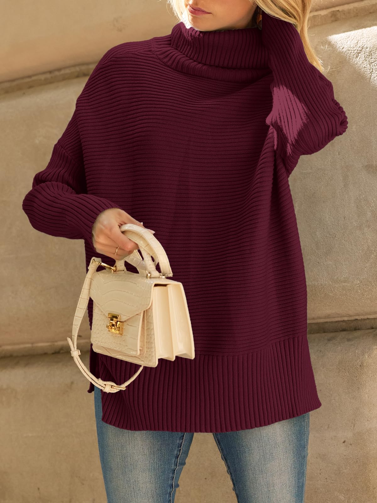 LILLUSORY Womens Turtleneck Oversized Tunic Fall Sweaters 2025 Casual Long Pullover Knit Winter Cute Poncho Fashion Trendy Clothes Outfits Clothing Tops Leggings Wine Red