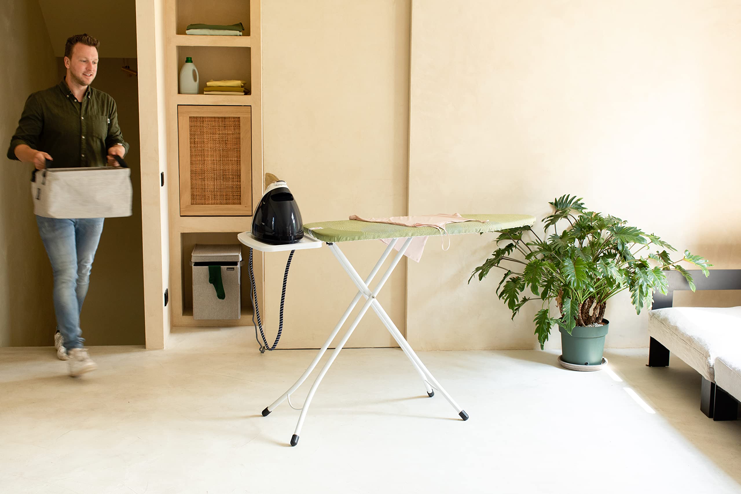 Brabantia Size B Ironing Board (49x15 in) 7 Height Options, Solid Steam Unit Rest Holder (Calm Rustle) Non-Slip Feet, Anti-Collapse Child Locks