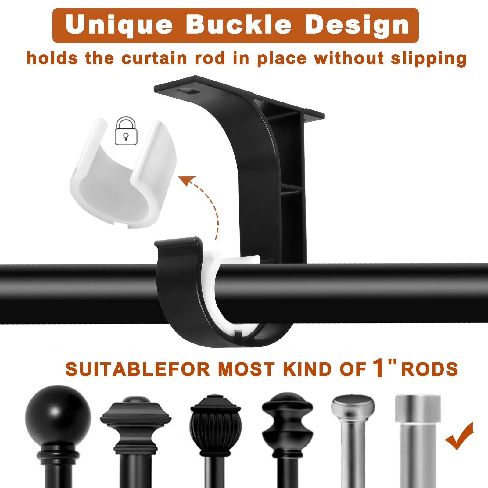 Ceiling Curtain Rod Brackets, Heavy Duty Curtain Rod Holders Black Ceiling Curtain Rod Hooks for 1 to 1.2 Inch Rod, Window Hardware Ceiling Brackets, 2 Pack