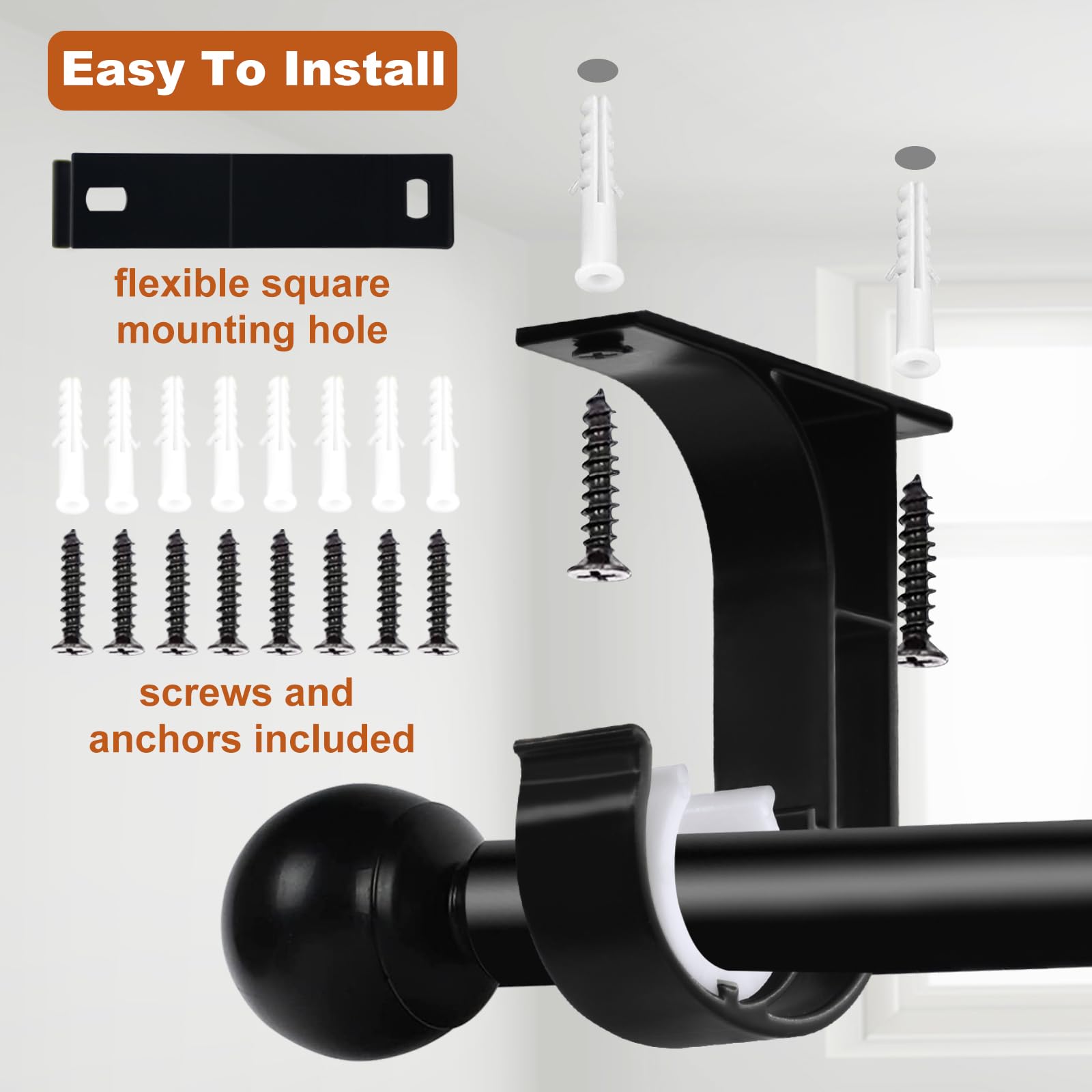 Ceiling Curtain Rod Brackets, Heavy Duty Curtain Rod Holders Black Ceiling Curtain Rod Hooks for 1 to 1.2 Inch Rod, Window Hardware Ceiling Brackets, 2 Pack