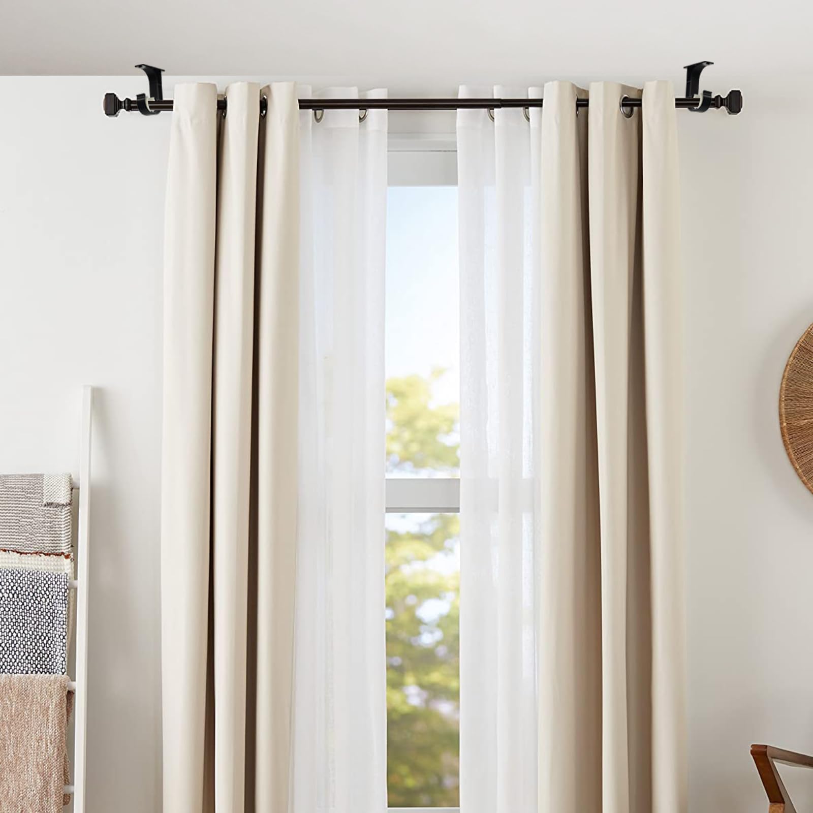 Ceiling Curtain Rod Brackets, Heavy Duty Curtain Rod Holders Black Ceiling Curtain Rod Hooks for 1 to 1.2 Inch Rod, Window Hardware Ceiling Brackets, 2 Pack
