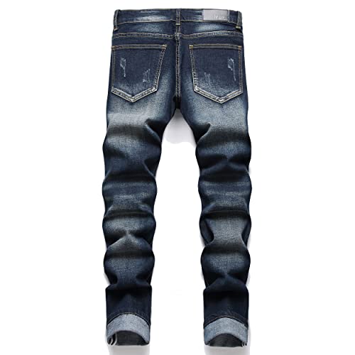 OIIIO Men's Patch Ripped Stretch Regular Fit Jean (32, Dark Blue-6618)