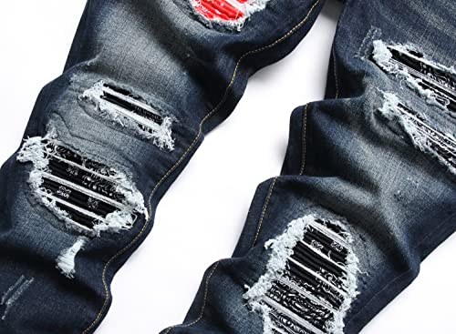OIIIO Men's Patch Ripped Stretch Regular Fit Jean (32, Dark Blue-6618)
