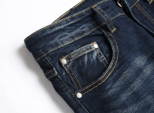 OIIIO Men's Patch Ripped Stretch Regular Fit Jean (32, Dark Blue-6618)