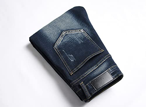 OIIIO Men's Patch Ripped Stretch Regular Fit Jean (32, Dark Blue-6618)