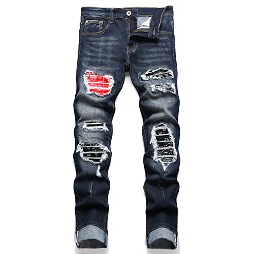 OIIIO Men's Patch Ripped Stretch Regular Fit Jean (32, Dark Blue-6618)