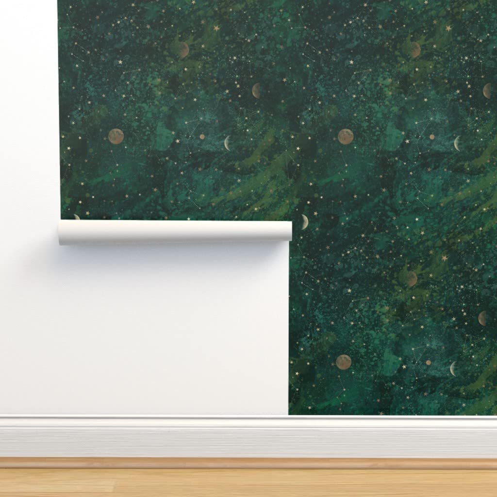 Peel & Stick Wallpaper 3ft x 2ft - Dark Green Moon Stars Bohemian Star Night Celestial Custom Removable Wallpaper by Spoonflower