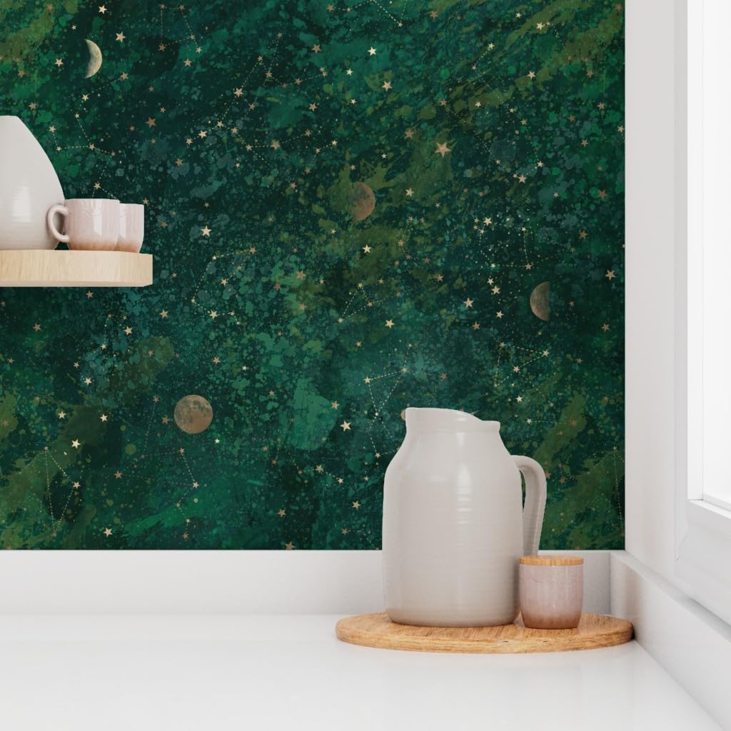 Peel & Stick Wallpaper 3ft x 2ft - Dark Green Moon Stars Bohemian Star Night Celestial Custom Removable Wallpaper by Spoonflower