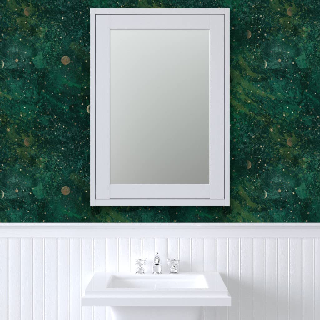 Peel & Stick Wallpaper 3ft x 2ft - Dark Green Moon Stars Bohemian Star Night Celestial Custom Removable Wallpaper by Spoonflower