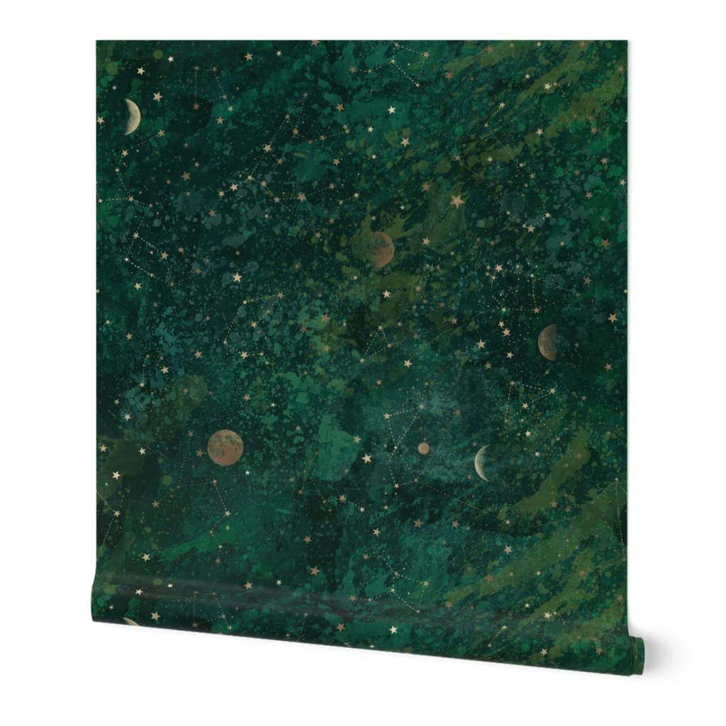Peel & Stick Wallpaper 3ft x 2ft - Dark Green Moon Stars Bohemian Star Night Celestial Custom Removable Wallpaper by Spoonflower