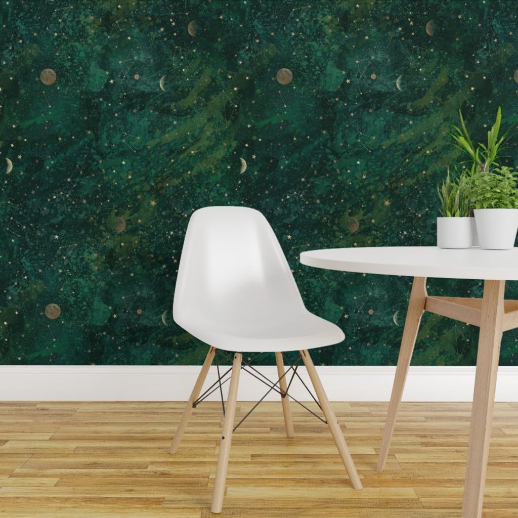Removable Wallpaper 9ft x 2ft - Dark Green Moon Stars Bohemian Star Night Celestial Custom Pre-Pasted Wallpaper by Spoonflower