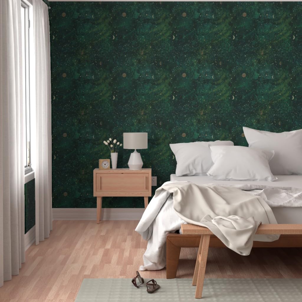 Removable Wallpaper 9ft x 2ft - Dark Green Moon Stars Bohemian Star Night Celestial Custom Pre-Pasted Wallpaper by Spoonflower