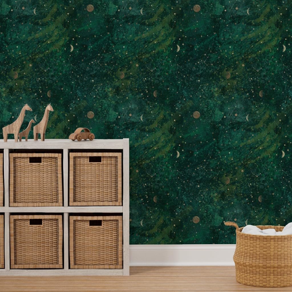 Removable Wallpaper 9ft x 2ft - Dark Green Moon Stars Bohemian Star Night Celestial Custom Pre-Pasted Wallpaper by Spoonflower