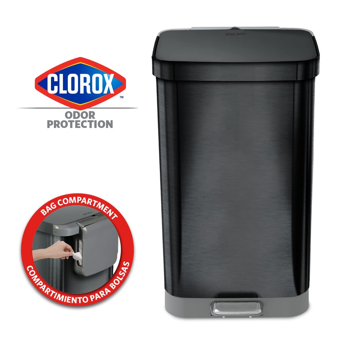 Glad Stainless Steel Step Trash Can with Clorox Odor Protection | Large Metal Kitchen Garbage Bin with Soft Close Lid, Foot Pedal and Waste Bag Roll Holder, 20 Gallon, All Pewter