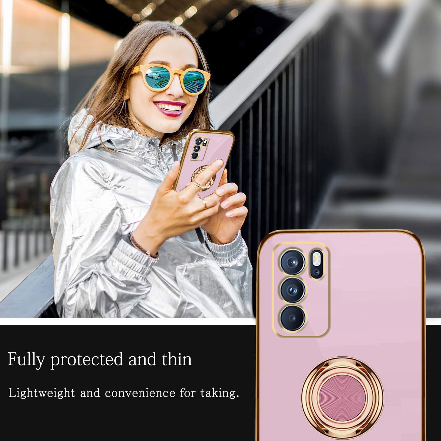 Wousunly Compatible with Reno 6 5g Case Ring Holder Magnet Green, Reno 6 5g Phone Case Silicone Shockproof Plate Luxury Slim Cover (Purple)
