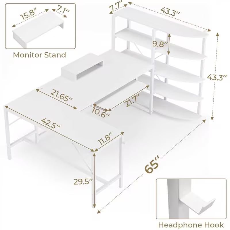 SEDETA L Shaped Computer Desk, 65'' Corner Gaming Desk with Keyboard Tray & LED Lights, L Shaped Desk with Storage Shelves, Monitor Stand and Headphone Hook for Home Office, White