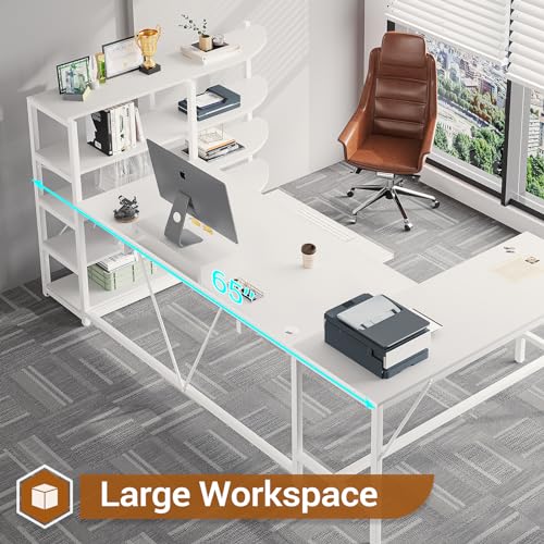 SEDETA L Shaped Computer Desk, 65'' Corner Gaming Desk with Keyboard Tray & LED Lights, L Shaped Desk with Storage Shelves, Monitor Stand and Headphone Hook for Home Office, White