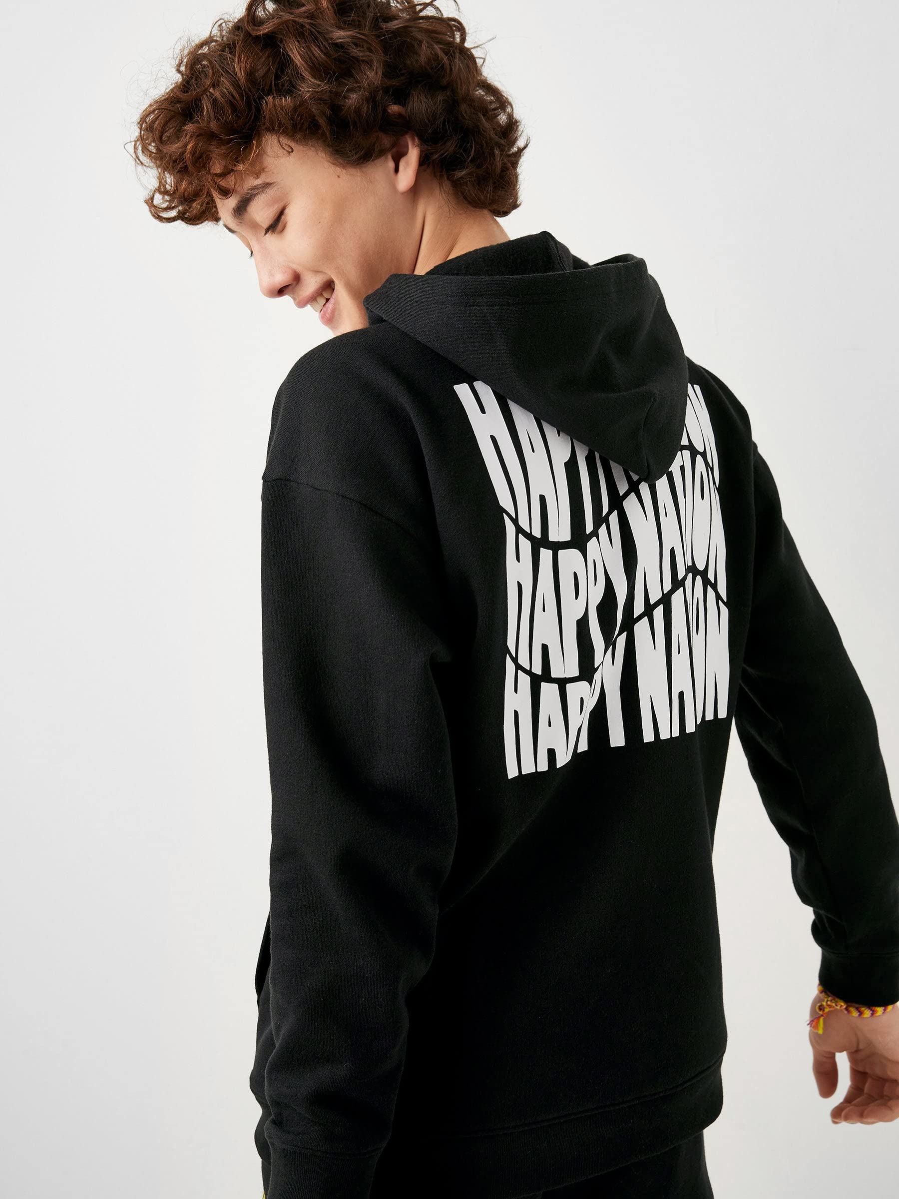 Happy Nation Relaxed Fleece Hoodie Sweatshirt, Pure Black, Medium
