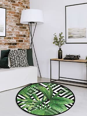 keepcute Palm Tree Leaf Round Rug 36 inch Rug Summer Exotic Jungle Tropical Doormat Non-Slip Floor Mat Carpet for Bedroom Living Room Study Playing Carpet, 3' Diameter
