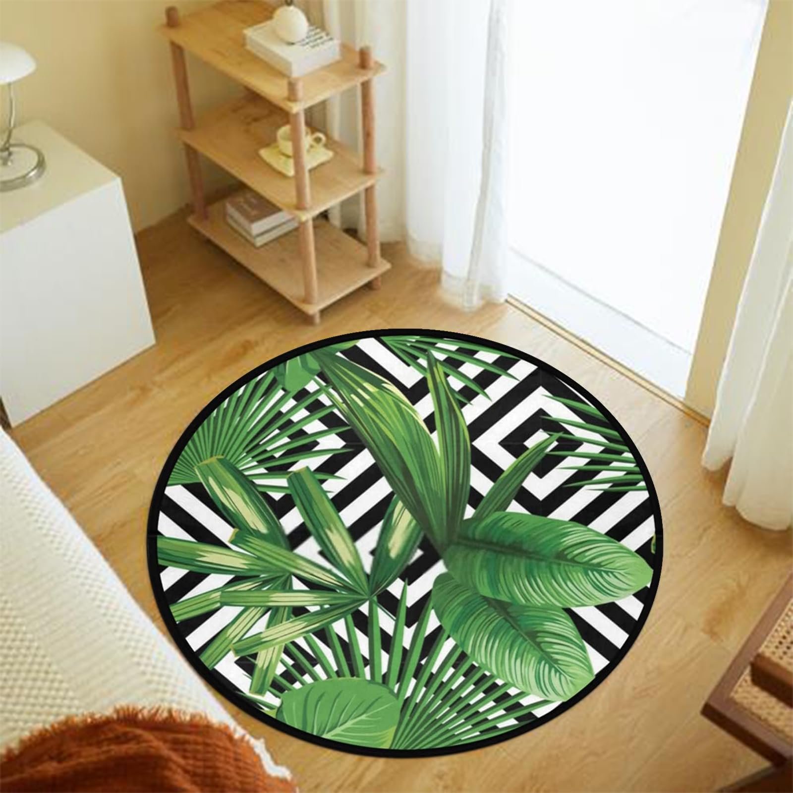 keepcute Palm Tree Leaf Round Rug 36 inch Rug Summer Exotic Jungle Tropical Doormat Non-Slip Floor Mat Carpet for Bedroom Living Room Study Playing Carpet, 3' Diameter