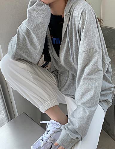 Aisongyuan Womens Zip Up Hoodie Drawstring Lightweight Long Sleeve Sweatshirt with Kanga Pocket(Grey,L)
