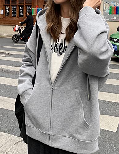 Aisongyuan Womens Zip Up Hoodie Drawstring Lightweight Long Sleeve Sweatshirt with Kanga Pocket(Grey,L)