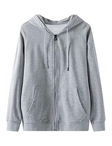 Aisongyuan Womens Zip Up Hoodie Drawstring Lightweight Long Sleeve Sweatshirt with Kanga Pocket(Grey,L)