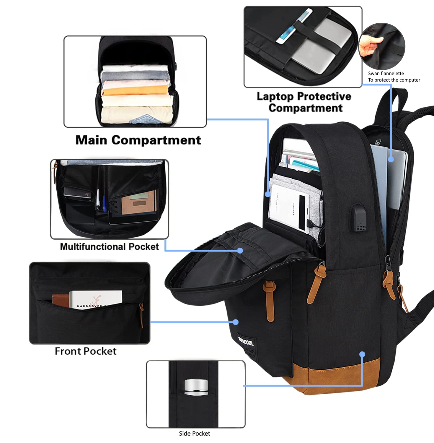 SUPACOOL Lightweight Laptop Backpack with USB Charging Port for Men and Women, Double Layers Backpack for College, Work, Travel, Casual(Black and brown)