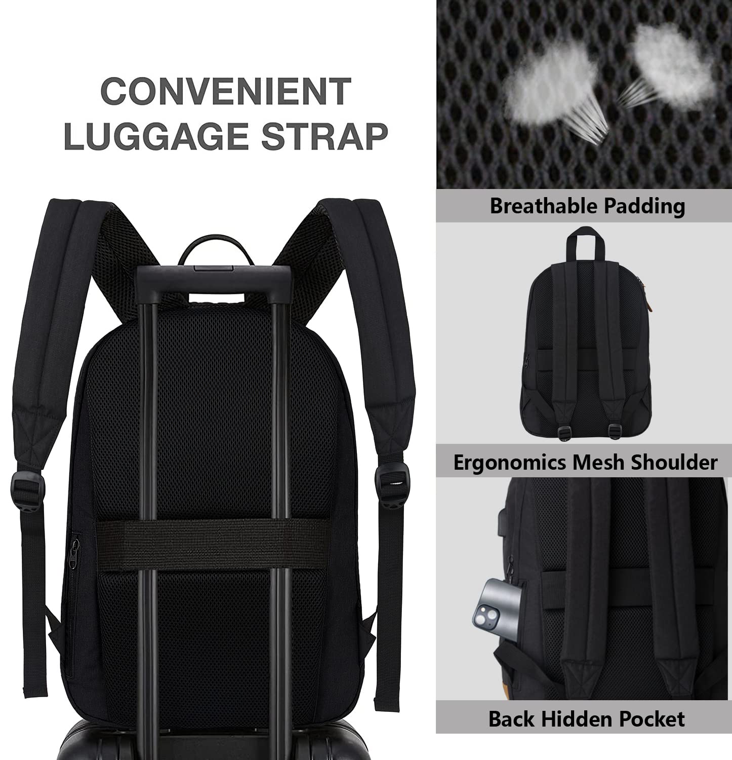 SUPACOOL Lightweight Laptop Backpack with USB Charging Port for Men and Women, Double Layers Backpack for College, Work, Travel, Casual(Black and brown)