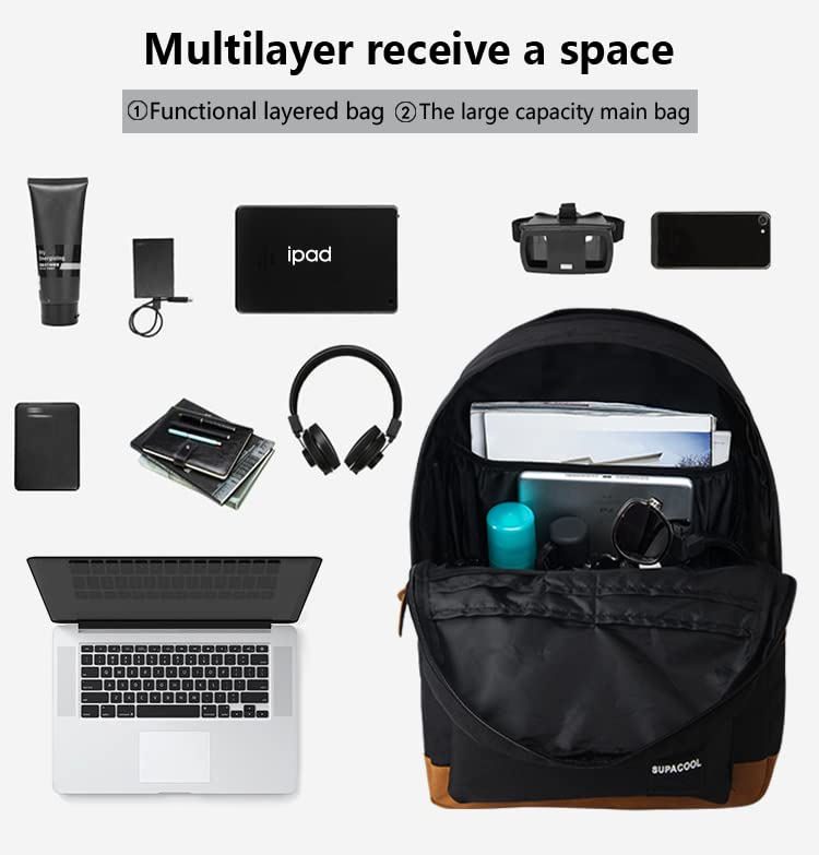 SUPACOOL Lightweight Laptop Backpack with USB Charging Port for Men and Women, Double Layers Backpack for College, Work, Travel, Casual(Black and brown)