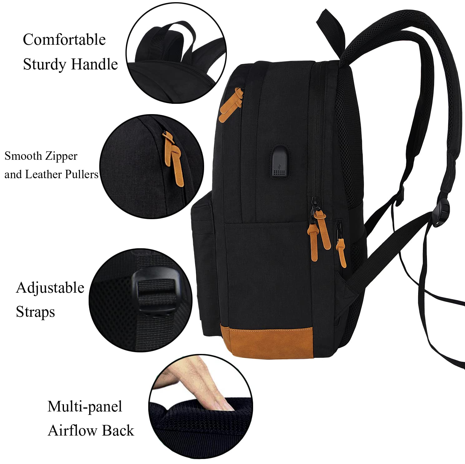 SUPACOOL Lightweight Laptop Backpack with USB Charging Port for Men and Women, Double Layers Backpack for College, Work, Travel, Casual(Black and brown)