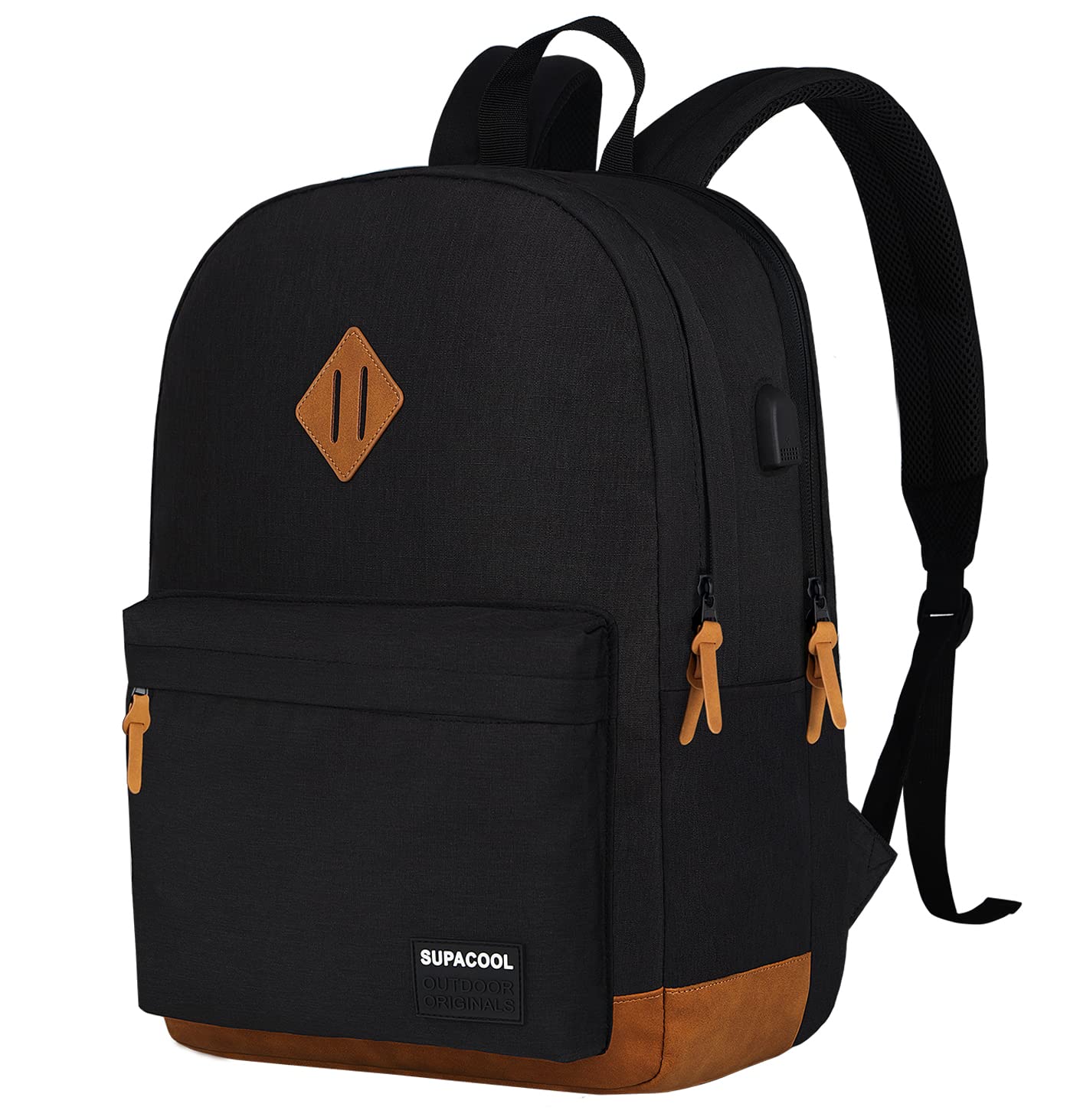 SUPACOOL Lightweight Laptop Backpack with USB Charging Port for Men and Women, Double Layers Backpack for College, Work, Travel, Casual(Black and brown)