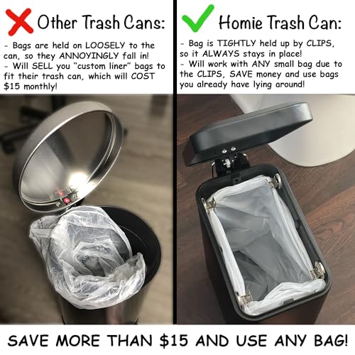 Homie Soft Close, Slim Trash Can 3.2 Gallon with Anti - Bag Slip Liner and Lid, Use as Mini Garbage Basket, Slim Dust Bin, or Decor in Bathroom, Restroom, Kitchen, or Bedroom (Matte Black)
