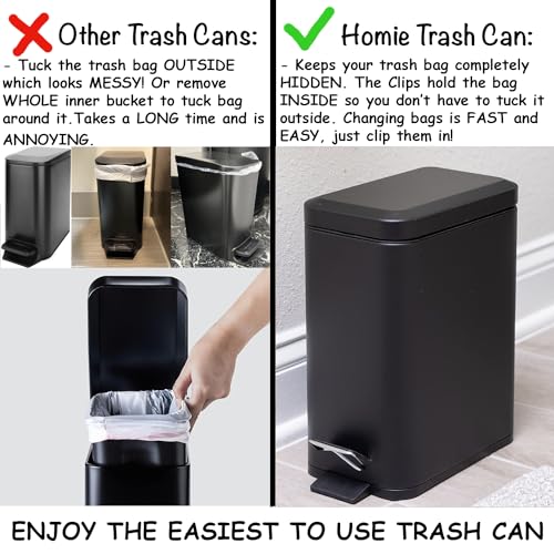 Homie Soft Close, Slim Trash Can 3.2 Gallon with Anti - Bag Slip Liner and Lid, Use as Mini Garbage Basket, Slim Dust Bin, or Decor in Bathroom, Restroom, Kitchen, or Bedroom (Matte Black)