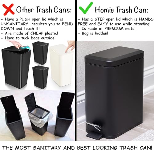 Homie Soft Close, Slim Trash Can 3.2 Gallon with Anti - Bag Slip Liner and Lid, Use as Mini Garbage Basket, Slim Dust Bin, or Decor in Bathroom, Restroom, Kitchen, or Bedroom (Matte Black)