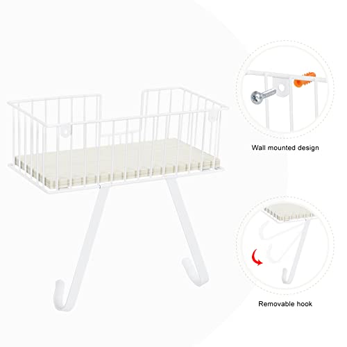 Ironing Board Hanger Wall Mount for Y Leg Ironing Board Holder with Shelf and Wooden Base Basket Iron Holder Rack with Hooks for Home Laundry Room White