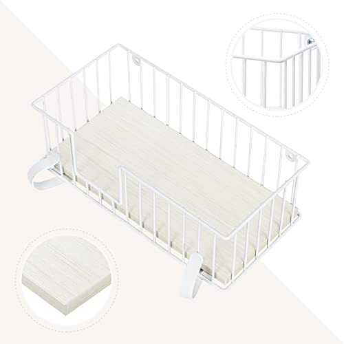 Ironing Board Hanger Wall Mount for Y Leg Ironing Board Holder with Shelf and Wooden Base Basket Iron Holder Rack with Hooks for Home Laundry Room White
