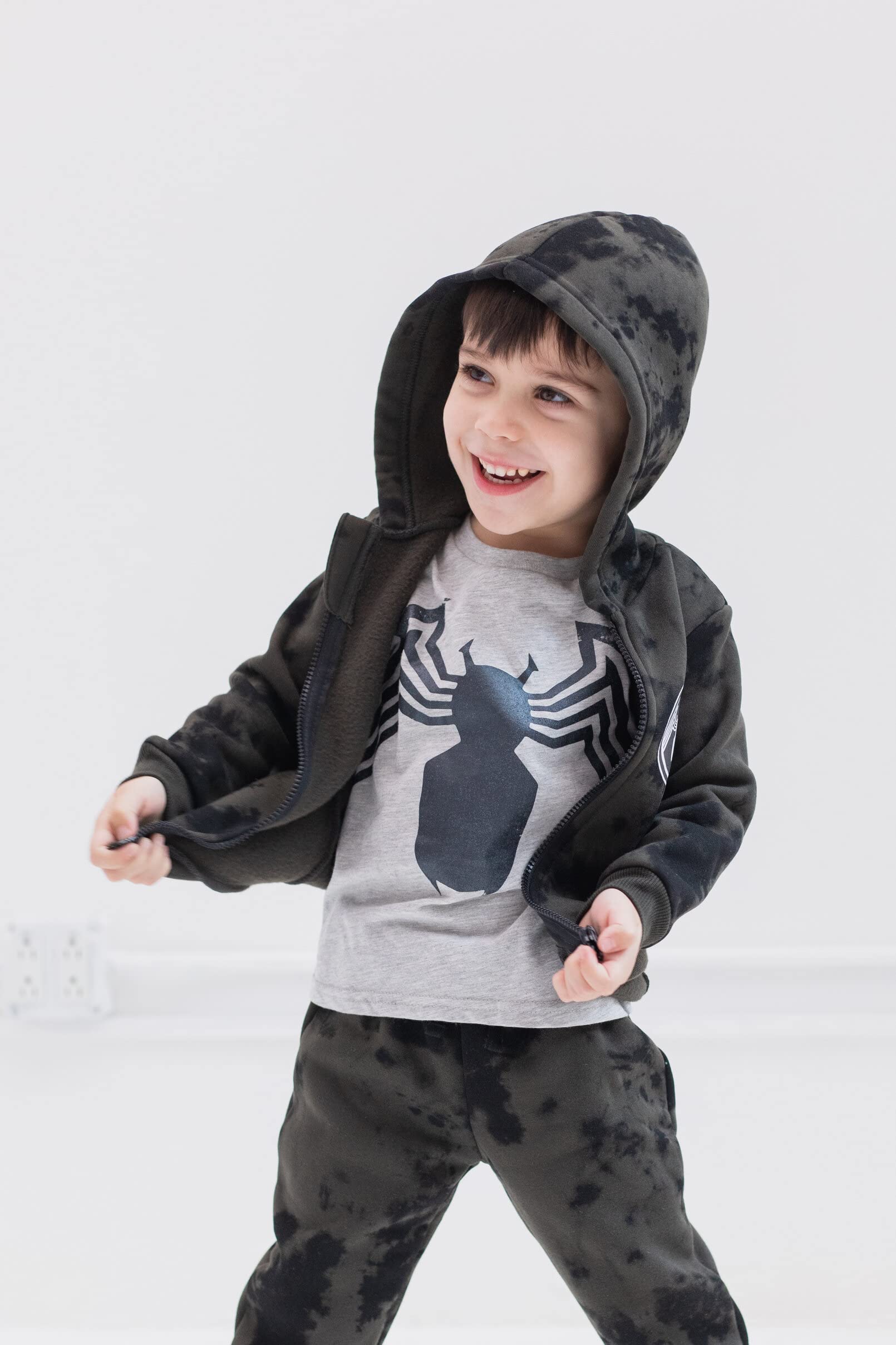 Marvel Spider-Man Big Boys Zip Up Fleece Hoodie T-Shirt and Jogger Pants 3 Piece Outfit Set Tie Dye Gray 10-12
