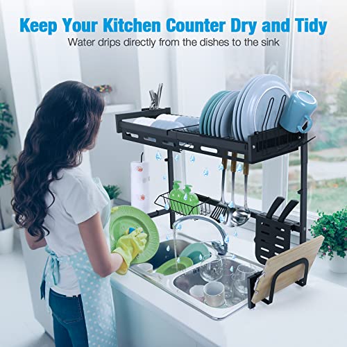 LEPO Over The Sink Dish Drying Rack, 2 Tier Stainless Steel Adjustable Length (25.6-33.5in) & Height(20.5-24.4in) Large Dish Rack Drainer with Utensil Holder for Kitchen Countertop Organizer, Black
