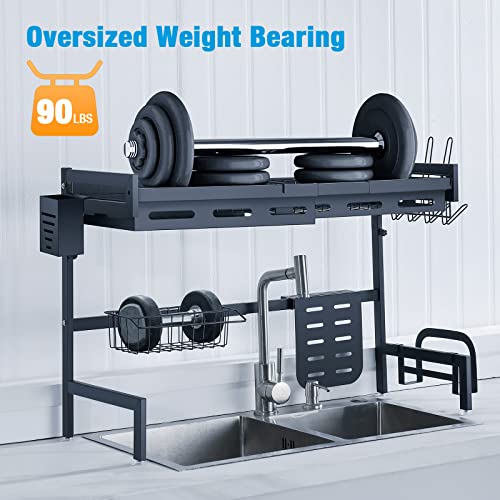 LEPO Over The Sink Dish Drying Rack, 2 Tier Stainless Steel Adjustable Length (25.6-33.5in) & Height(20.5-24.4in) Large Dish Rack Drainer with Utensil Holder for Kitchen Countertop Organizer, Black