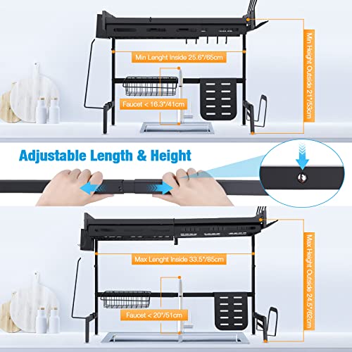 LEPO Over The Sink Dish Drying Rack, 2 Tier Stainless Steel Adjustable Length (25.6-33.5in) & Height(20.5-24.4in) Large Dish Rack Drainer with Utensil Holder for Kitchen Countertop Organizer, Black