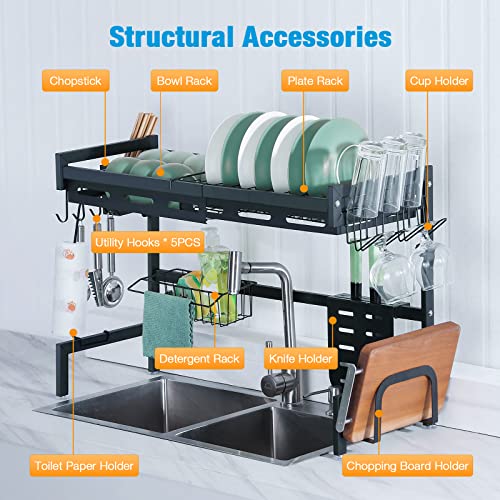 LEPO Over The Sink Dish Drying Rack, 2 Tier Stainless Steel Adjustable Length (25.6-33.5in) & Height(20.5-24.4in) Large Dish Rack Drainer with Utensil Holder for Kitchen Countertop Organizer, Black