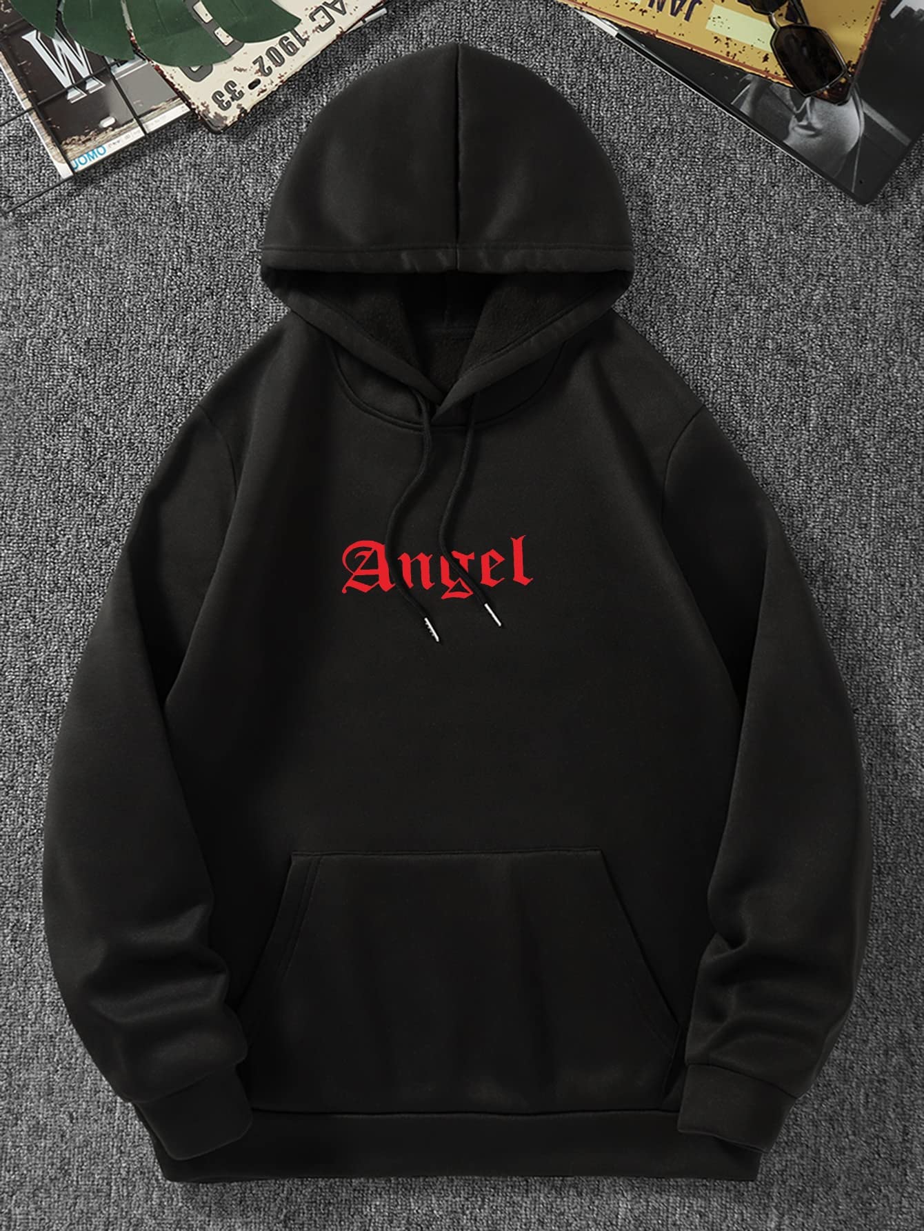 WDIRARA Men's Letter Graphic Print Drawstring Pocket Hoodie Pullovers Sweatshirt Black M