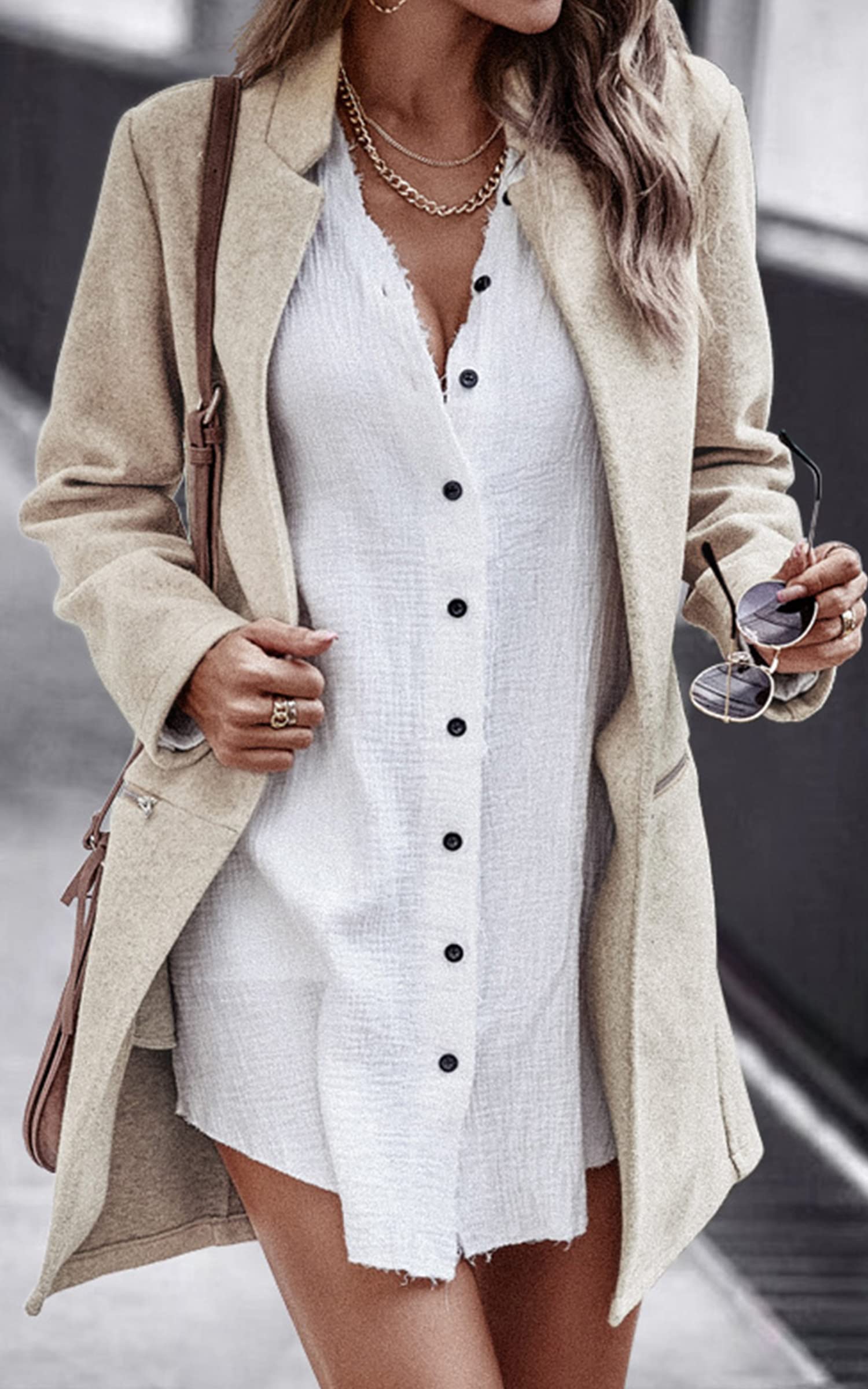Angashion Women’s Coat, Long Sleeve Stand Collar Cardigan Mid-Long Open Front Outwear Overcoat with Zipper Pockets Beige Large