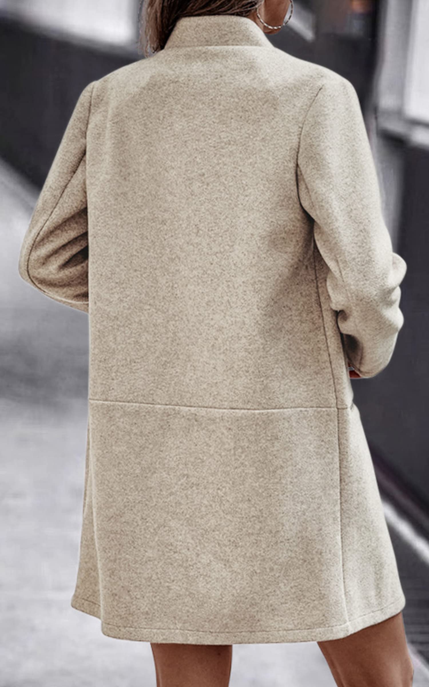 Angashion Women’s Coat, Long Sleeve Stand Collar Cardigan Mid-Long Open Front Outwear Overcoat with Zipper Pockets Beige Large