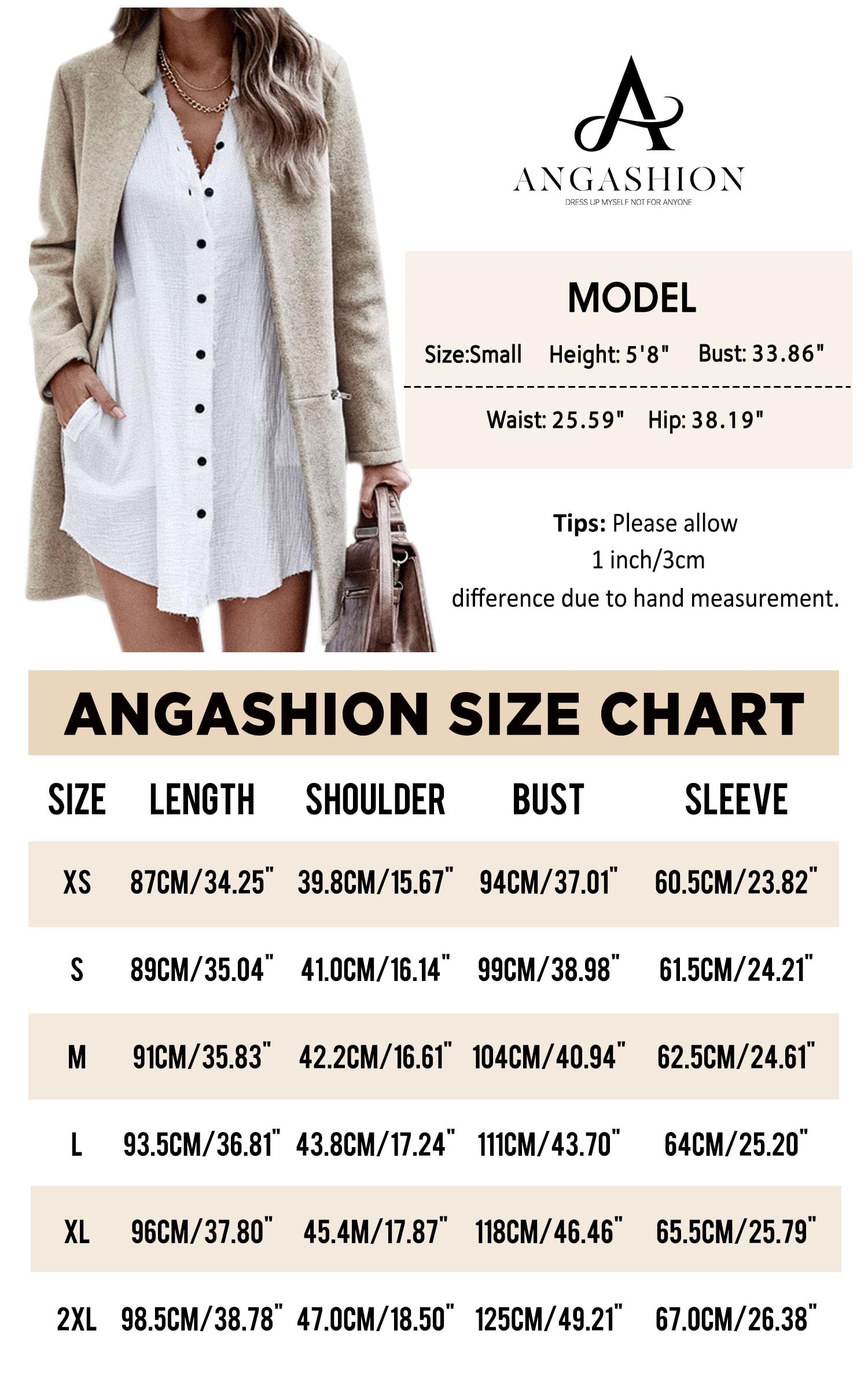 Angashion Women’s Coat, Long Sleeve Stand Collar Cardigan Mid-Long Open Front Outwear Overcoat with Zipper Pockets Beige Large