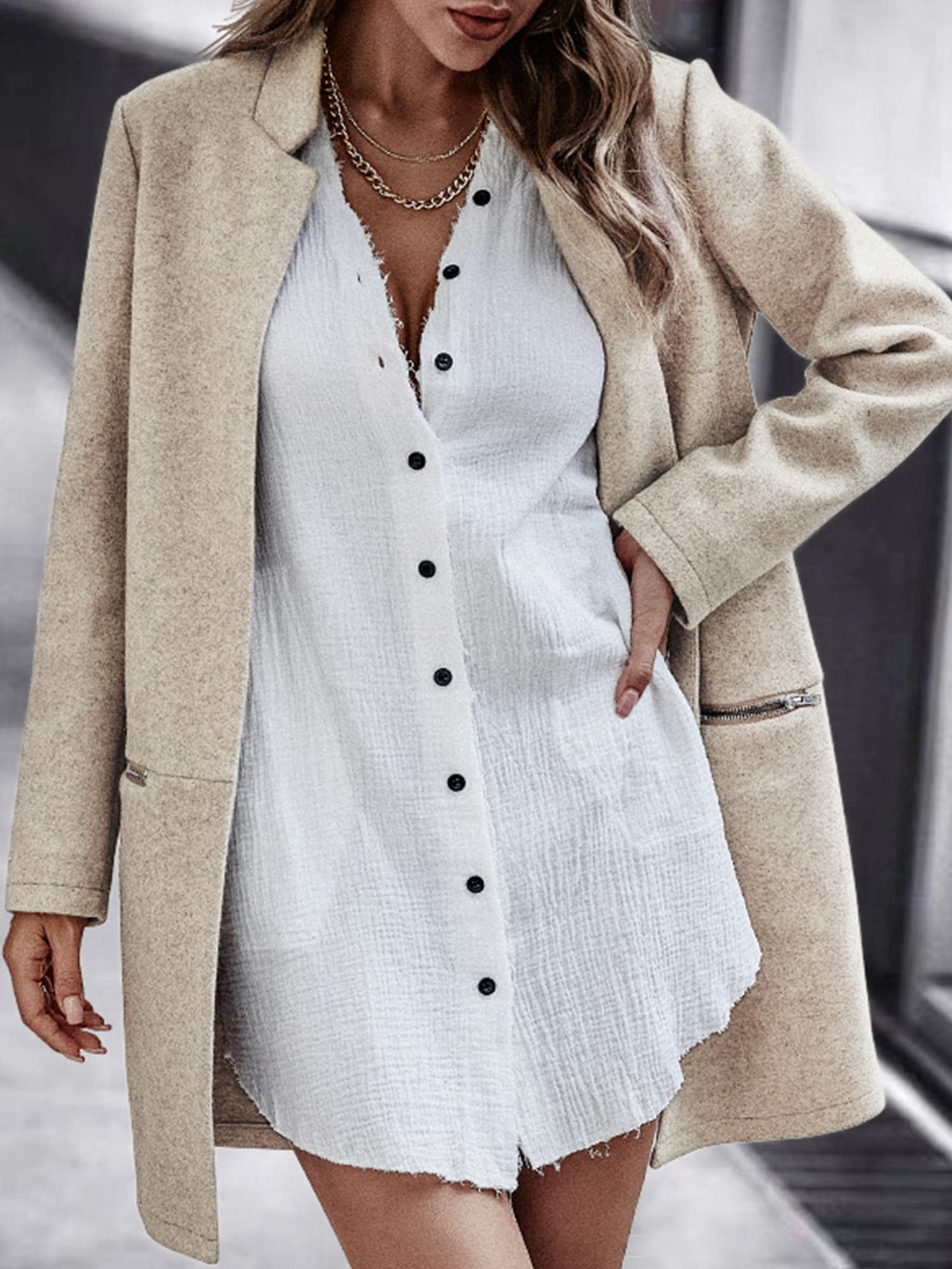 Angashion Women’s Coat, Long Sleeve Stand Collar Cardigan Mid-Long Open Front Outwear Overcoat with Zipper Pockets Beige Large