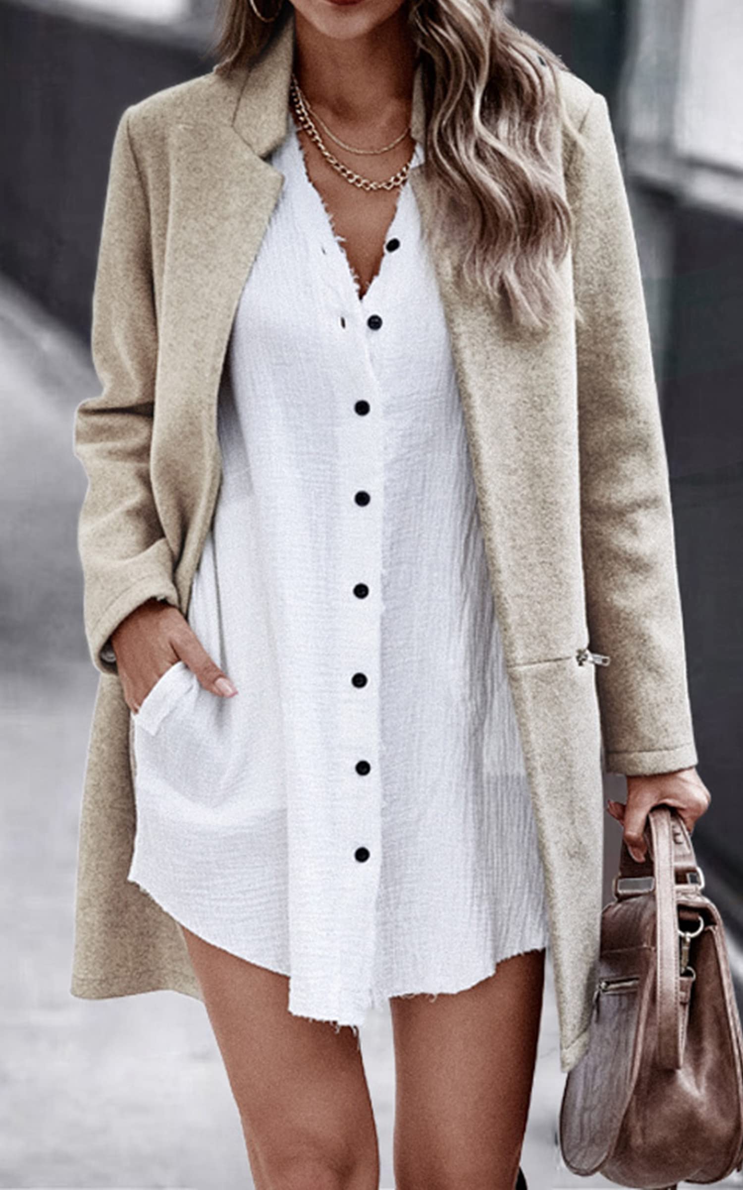 Angashion Women’s Coat, Long Sleeve Stand Collar Cardigan Mid-Long Open Front Outwear Overcoat with Zipper Pockets Beige Large