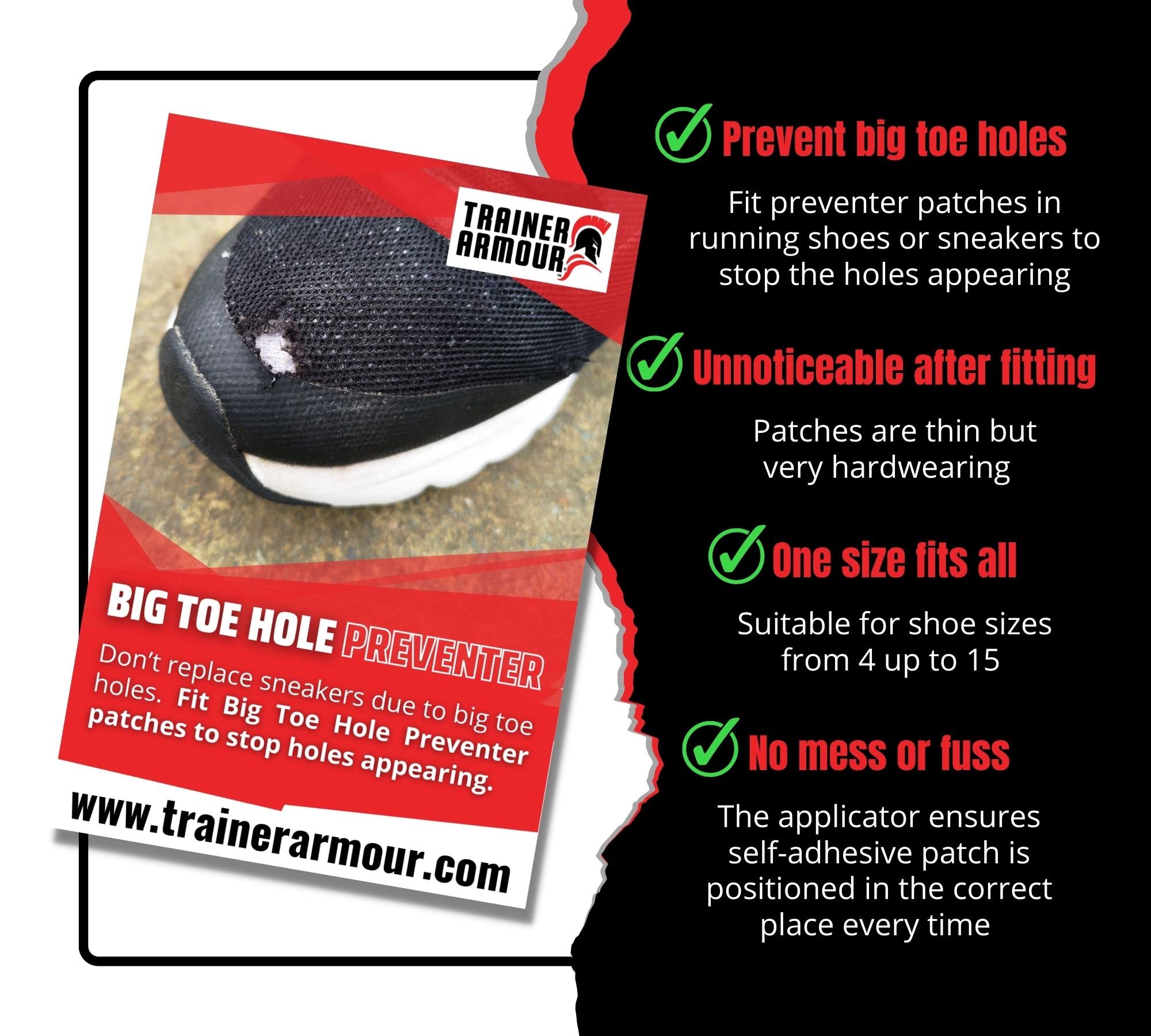 Trainer Armour - Big Toe Hole Preventer, self-Adhesive Patches with a Clever applicator. Shoe Toe Burst Toe Box Blowout Prevention Insert, Toe Hole Area Repair Patch. for Running Shoes and Sneakers.